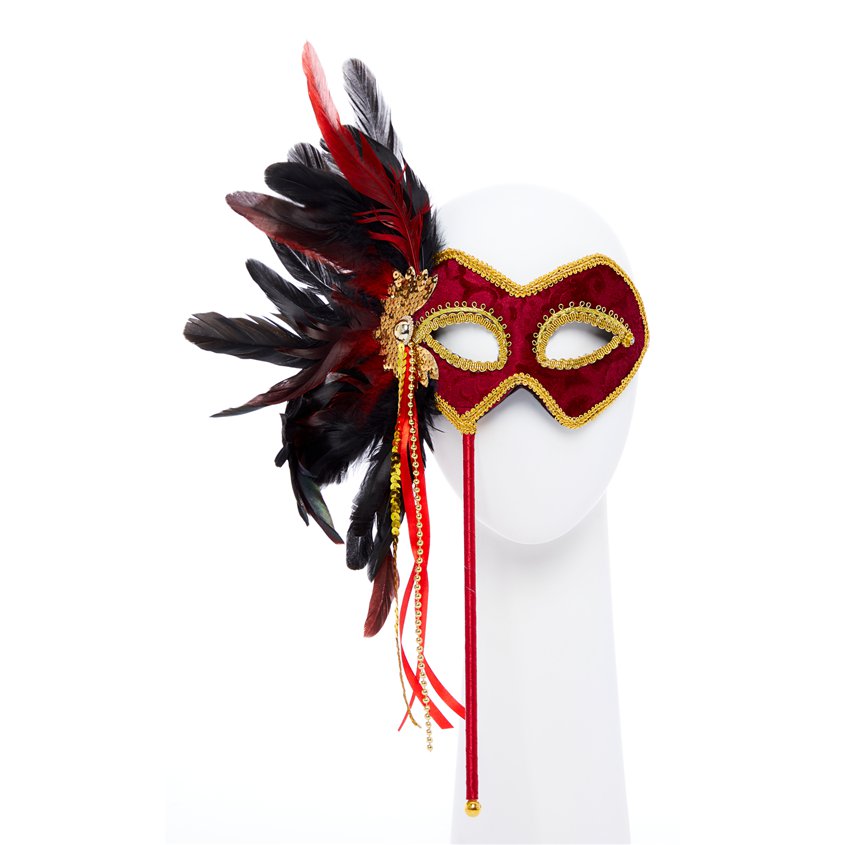 Red & Gold Masquerade Mask on Stick with Feathers – Party Delights ...
